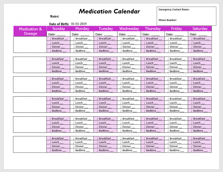 20 Free Medication Schedule Template - Calypso Tree