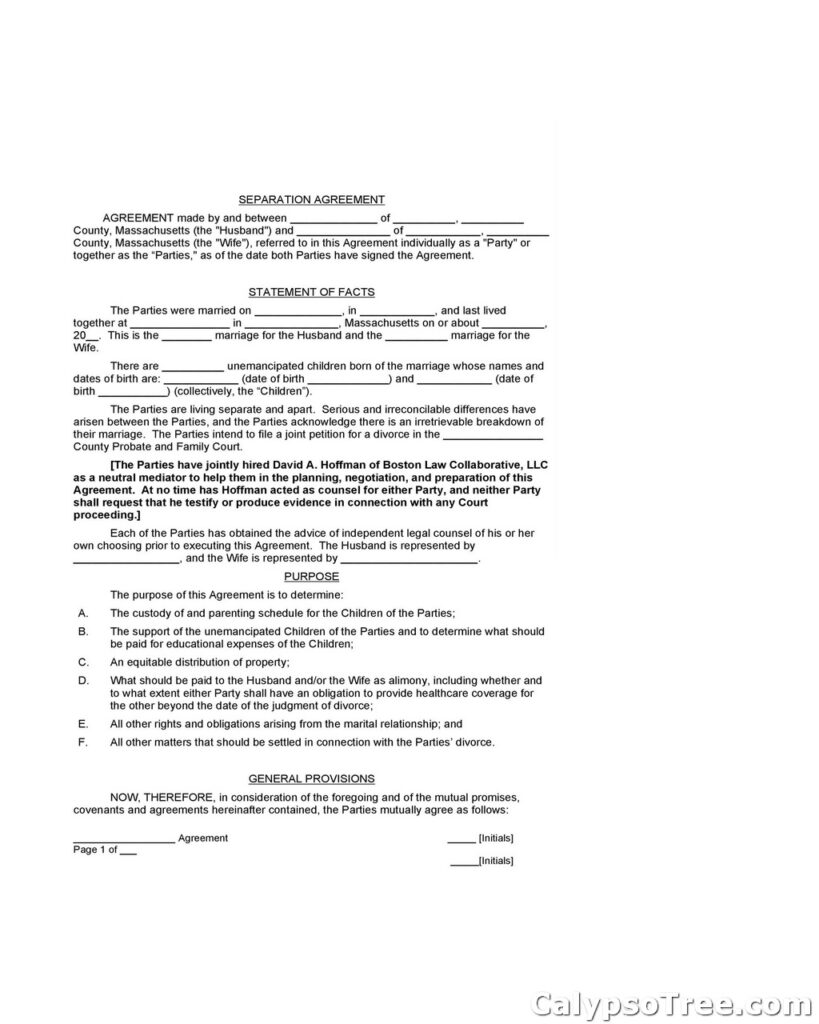 50 Free Separation Agreement Template - Calypso Tree
