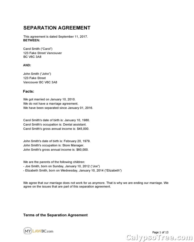 50 Free Separation Agreement Template - Calypso Tree