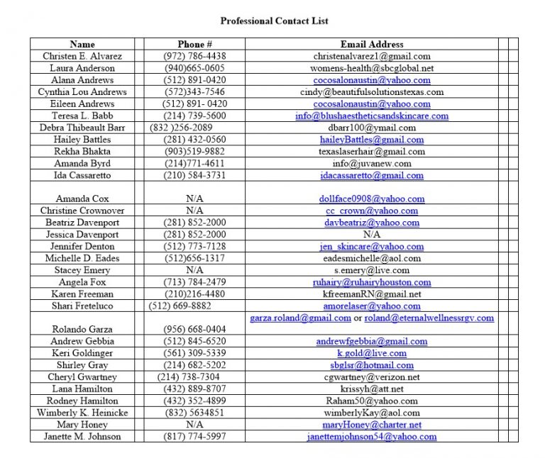 10 Free Contact List (Template , Example) - Calypso Tree