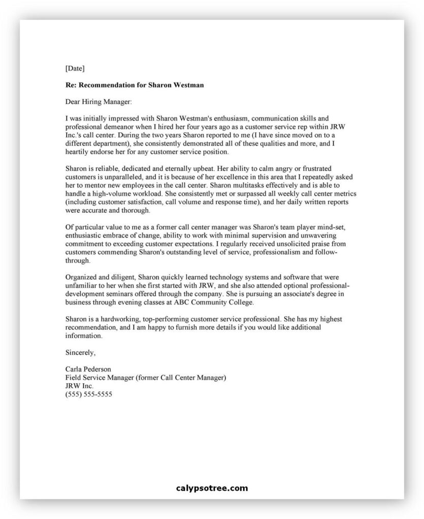 60 Best Letter Of Recommendation Example & Template - Calypso Tree