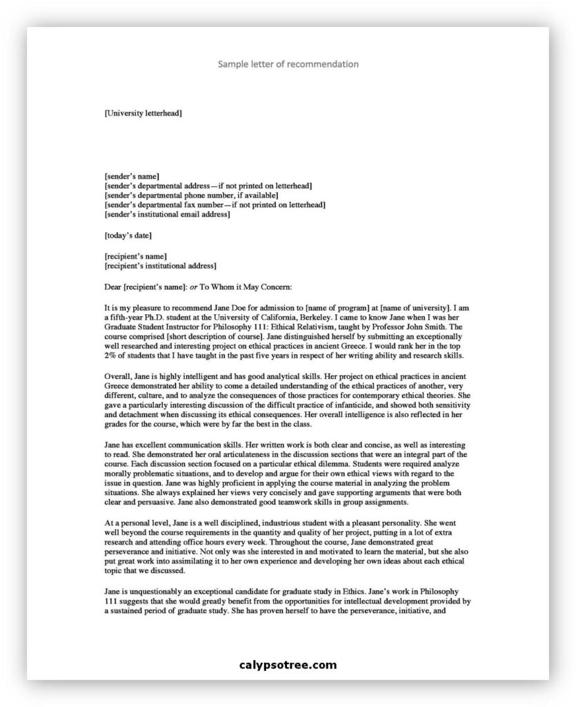 60 Best Letter Of Recommendation Example & Template - Calypso Tree